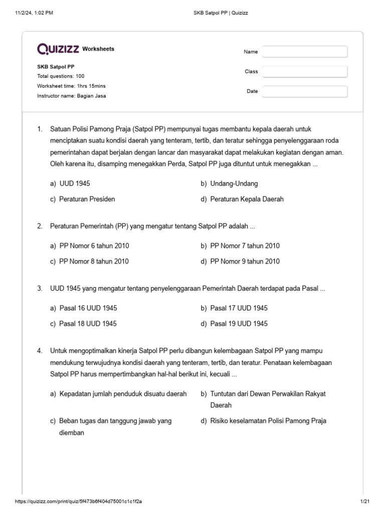 SKB Satpol PP - Quizizz | PDF
