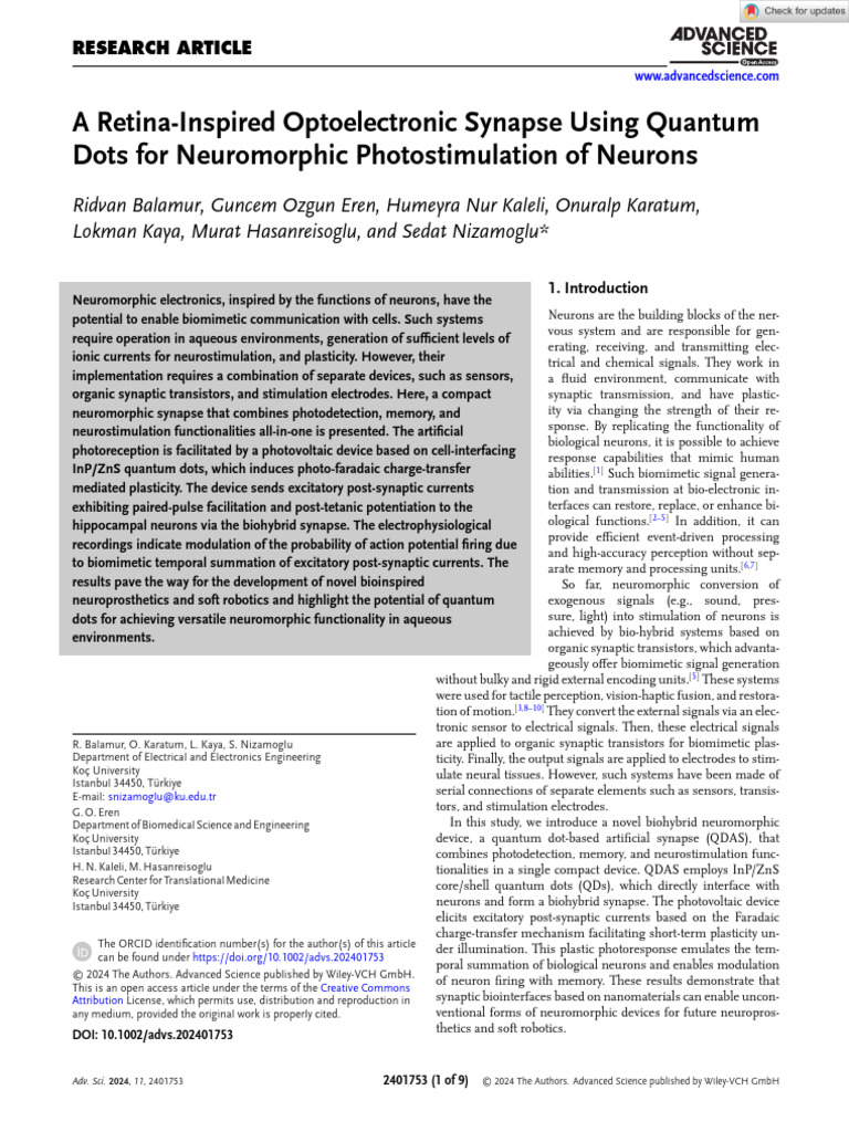 A Retina Inspired Optoelectronic Synapse Using Quantum Dots For ...