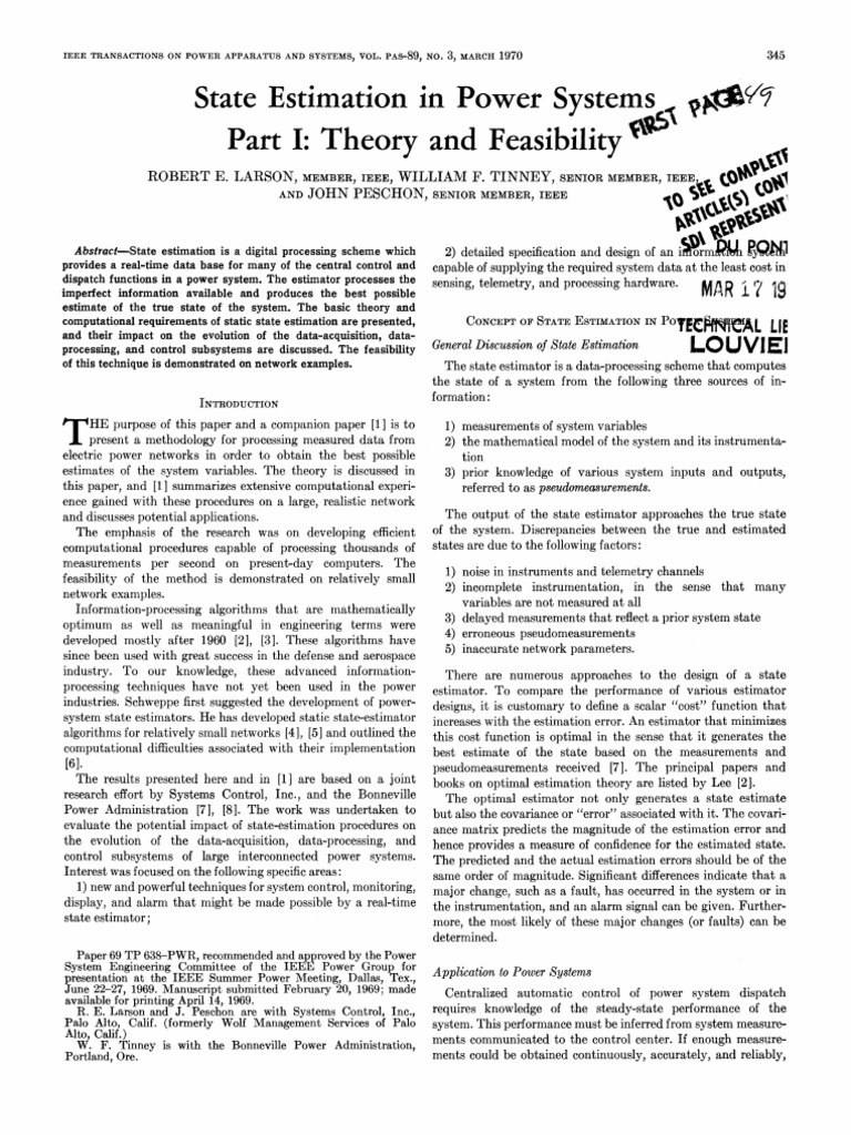State Estimation in Power Systems Part I Theory and Feasibility | PDF | Applied Mathematics