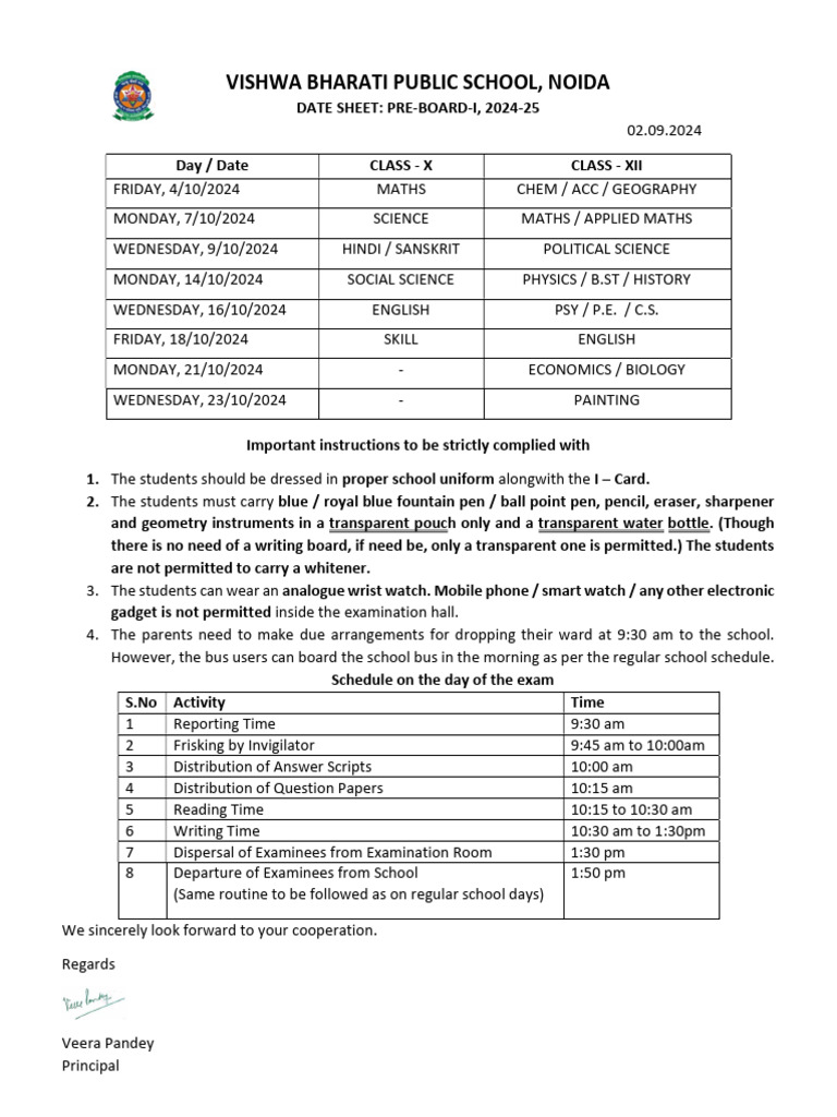 Date Sheet Pre Board - I - 2024-25 (3) Vbps | PDF