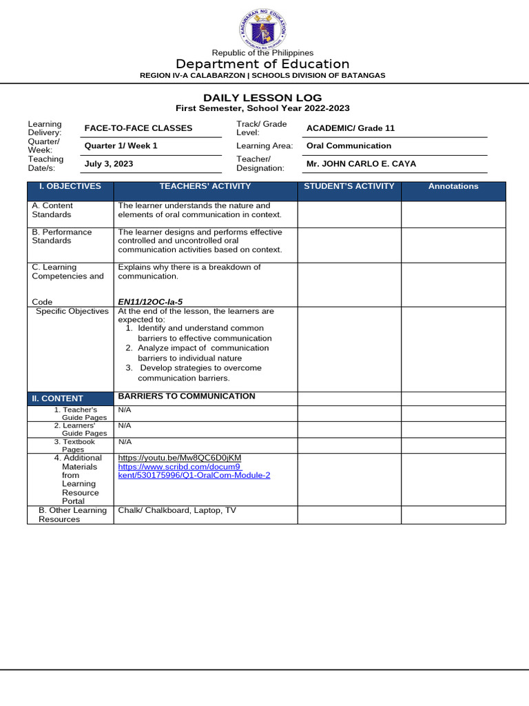 John Carlo Caya DLL | PDF | Communication | Learning
