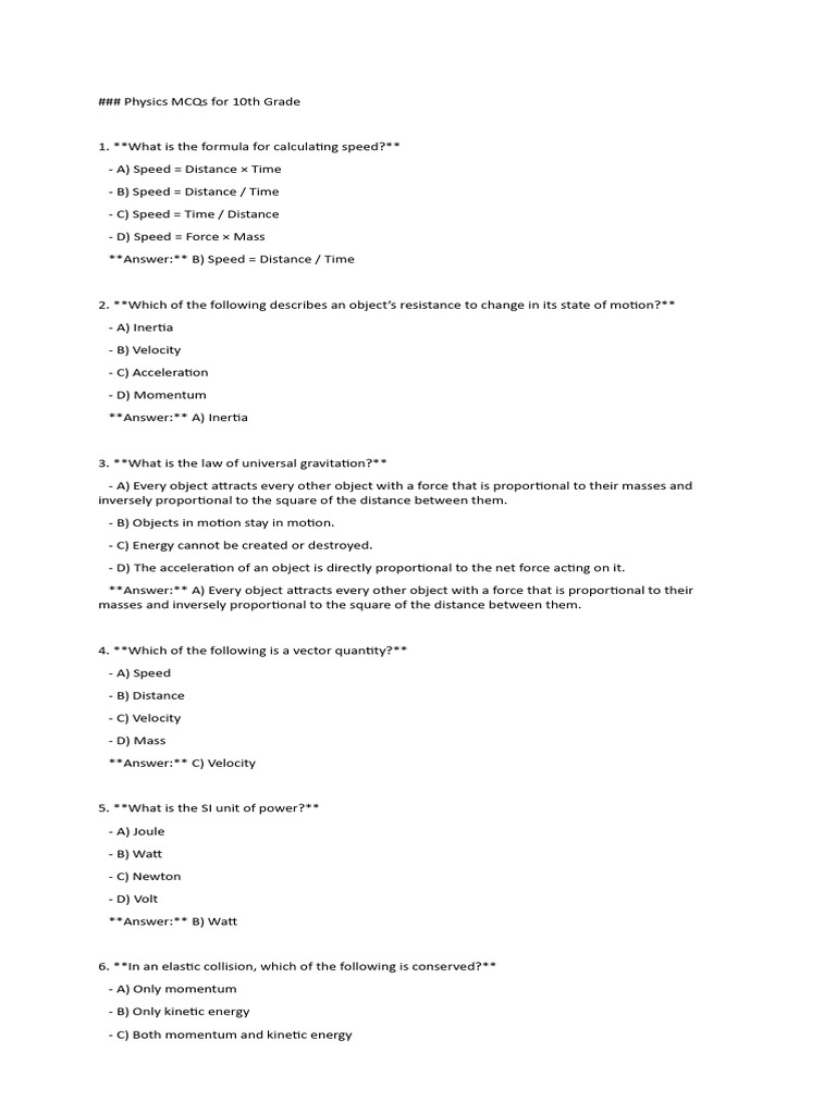 MCQS 10th grade physics | PDF | Force | Electrical Resistance And ...