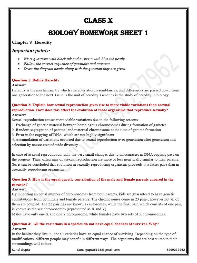 CLASS X BIOLOGY Chapter 8 - Heredity-HOMEWORK SHEET 1 | PDF | Dominance (Genetics) | Zygosity