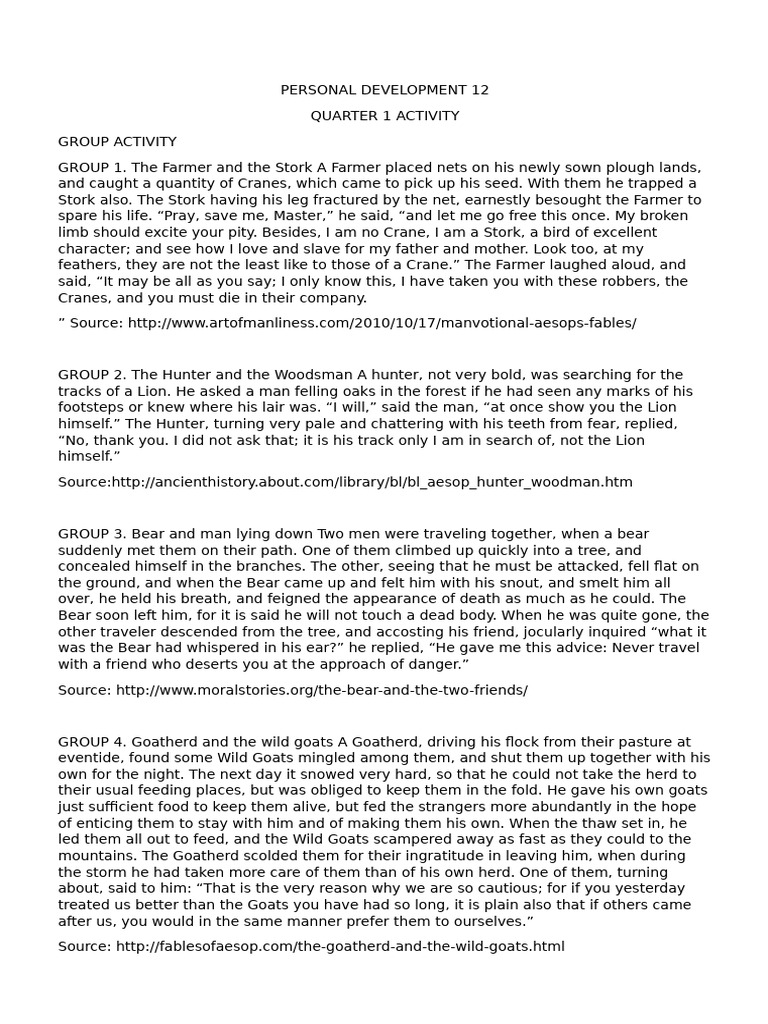 PERSONAL DEVELOPMENT 12 Quarter 2 Lesson 2 Part 2 Group Activity | PDF