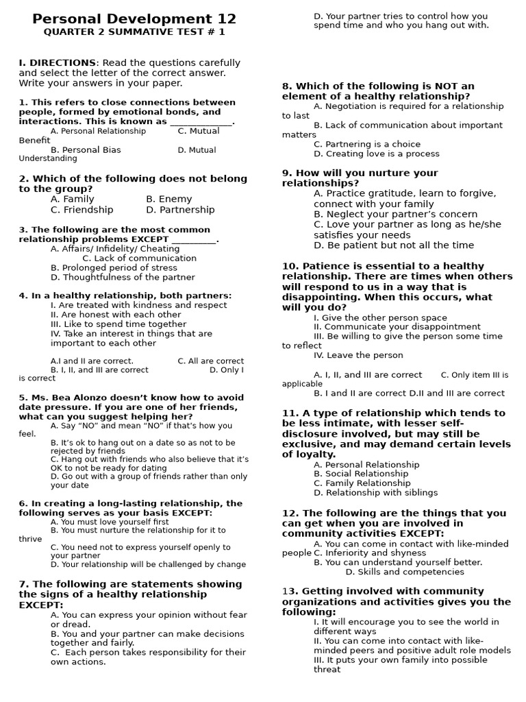 Personal Development 12 Quarter 2 - Summative Test 1 | PDF ...