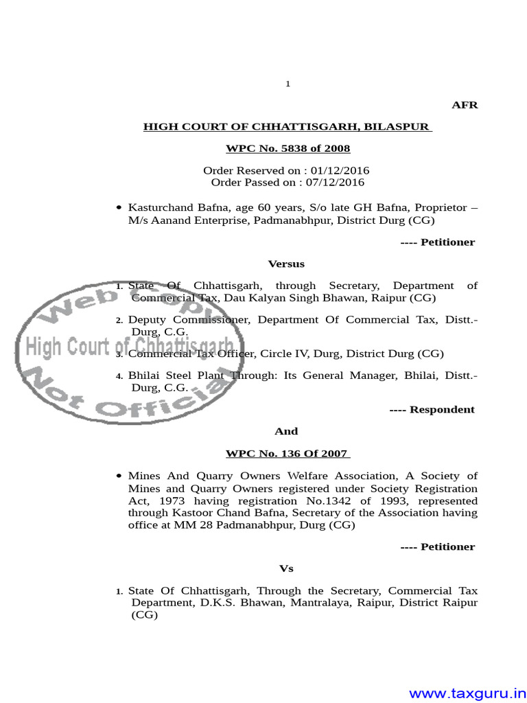 Kasturchand Bafna Vs State of Chhattisgarh Chhattisgarh High Court | PDF | Prices | Taxes