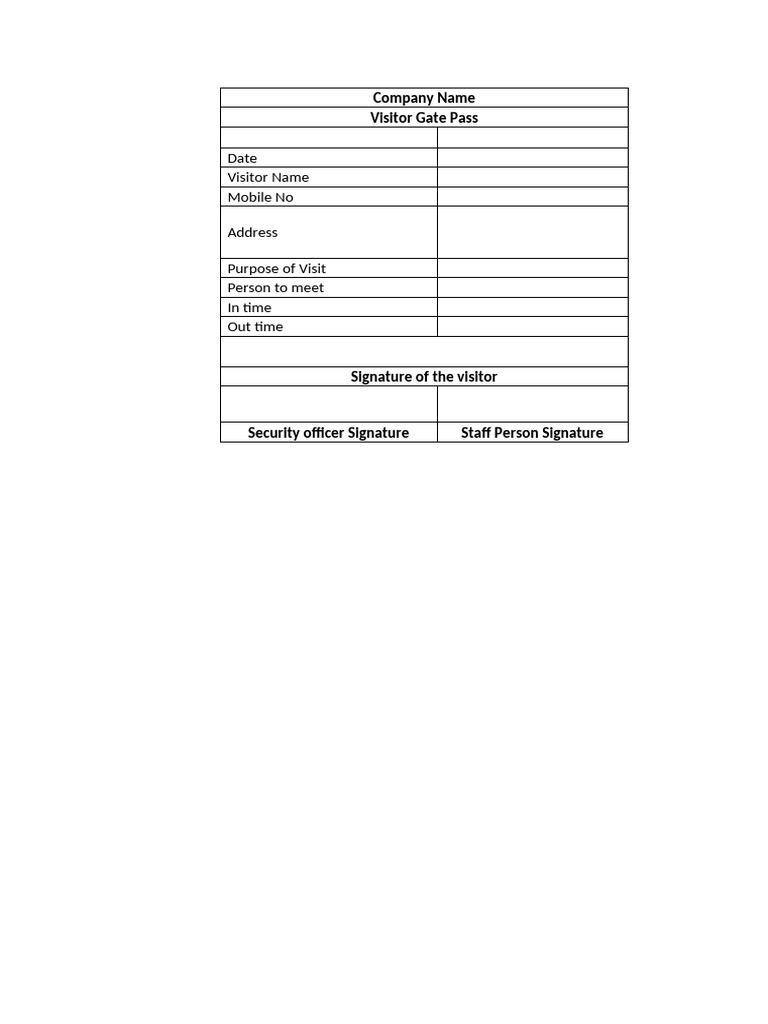 Visitor Gate Pass Format in MS Word | PDF