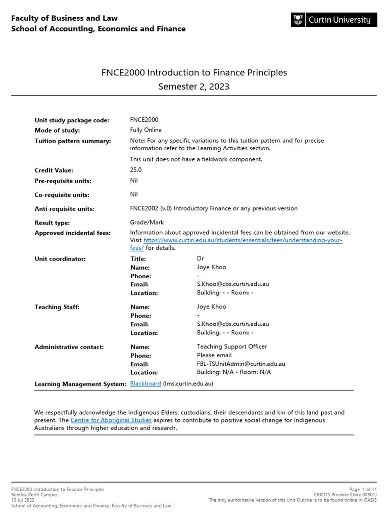 FNCE2000 Finance Principles Overview | PDF | Academic Dishonesty ...