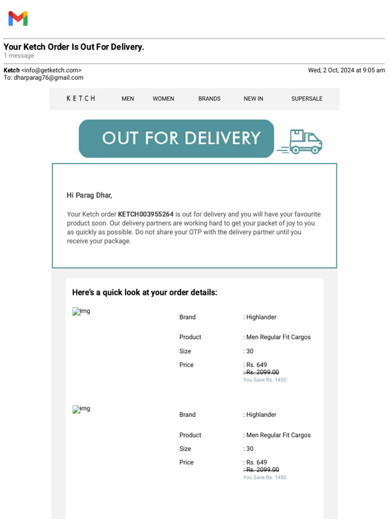 Gmail - Your Ketch Order Is Out For Delivery. | PDF | Personal Finance ...