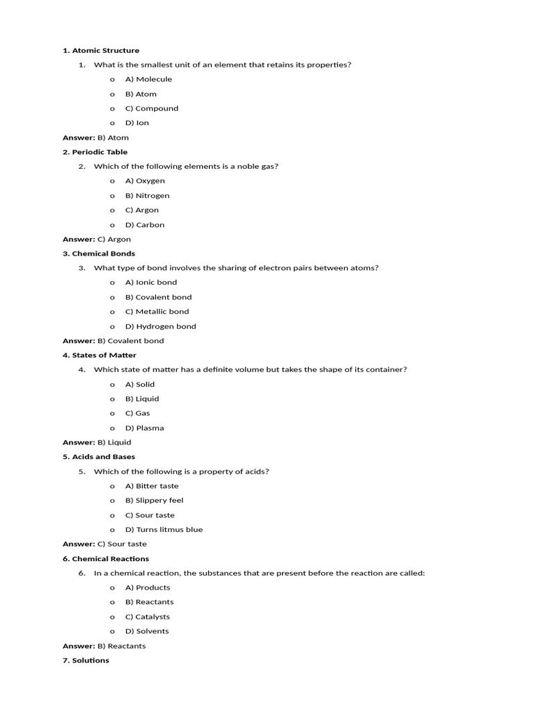 Questions MCQs For 9tth-Grade Chemestry | PDF | Chemical Bond ...