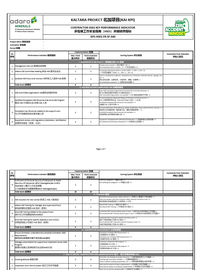 KPS-HSES-FR-SF-040 Form KPI Kontraktor （ID-CHN) - 承包商HSE关键绩效指标 - | PDF ...