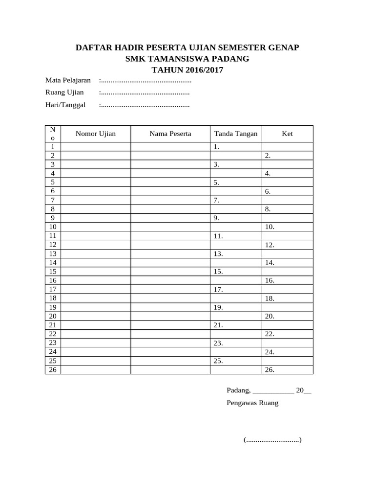 Daftar Hadir Peserta Ujian Semester Genap | PDF