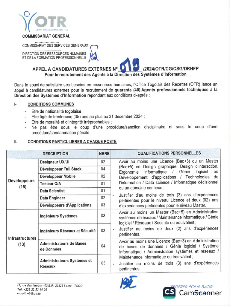 Appel A Candidatures N019 2024 Otr CG CSG DRHFP Recrutement Agents ...