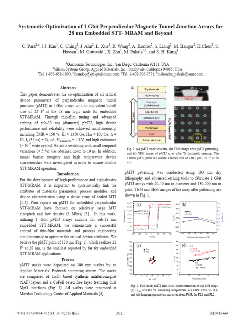 Systematic Optimization of 1 Gbit Perpendicular Magnetic Tunnel Junction Arrays For 28 NM ...