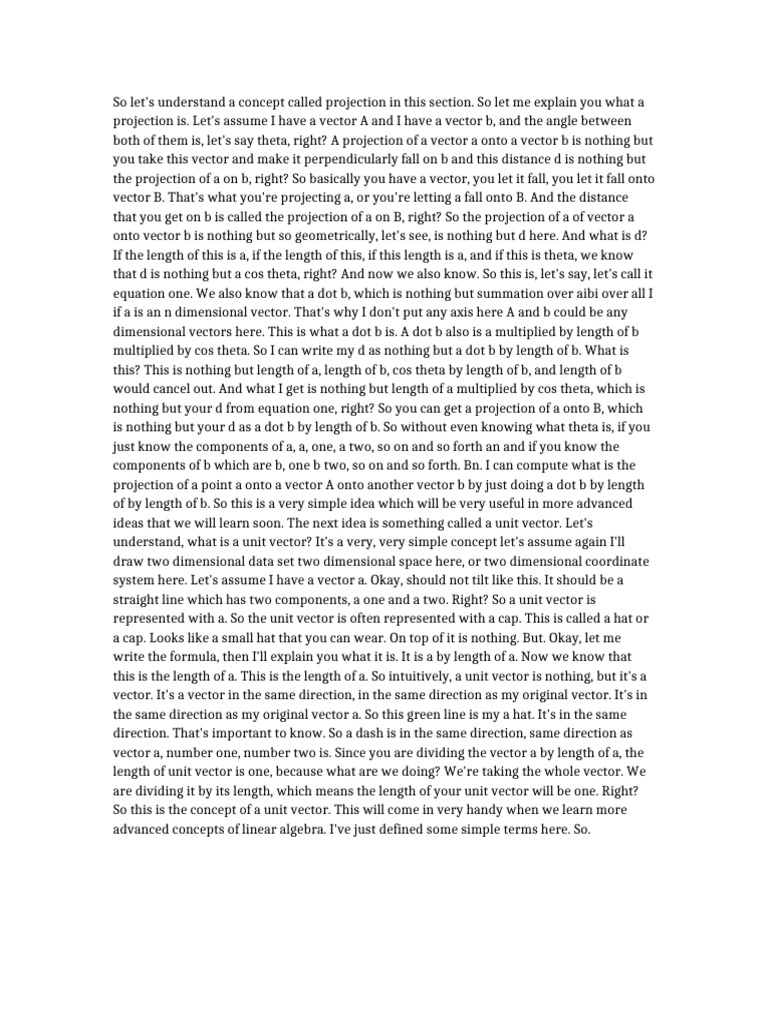 Understanding Vector Projection and Unit Vectors | PDF | Euclidean Vector | Vector Space