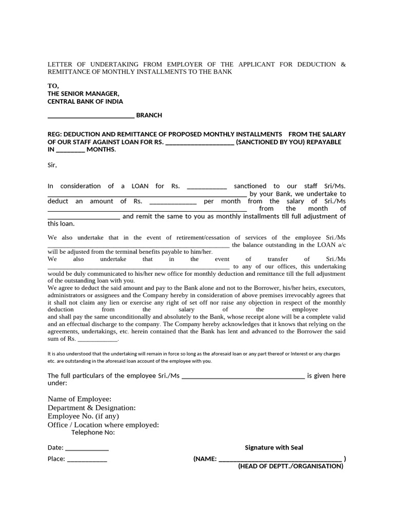 EMPLOYER IRREVOCABLE UNDERTAKING | PDF | Loans | Banks