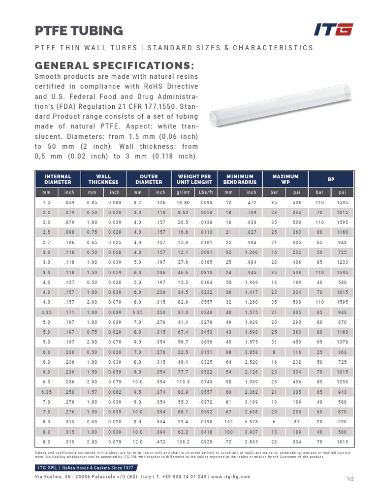 PTFE Tubing Specifications & Sizes | PDF