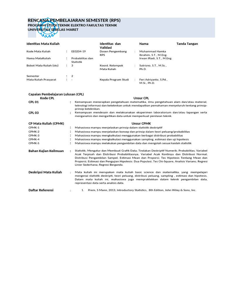 RPS EE0204-19 Probabilitas Dan Statistika-2019B | PDF