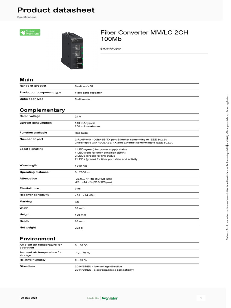 Schneider Electric_Modicon-X80-I-Os_BMXNRP0200 | PDF | Optical Fiber ...