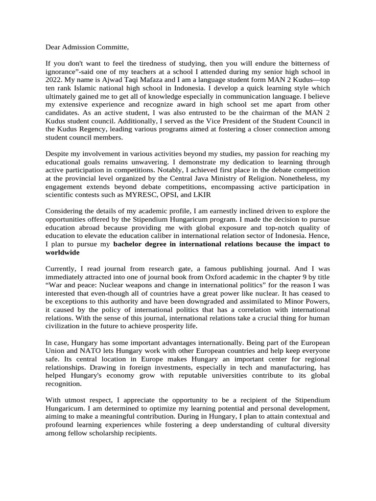 Motivation Letter University of Pecs | PDF