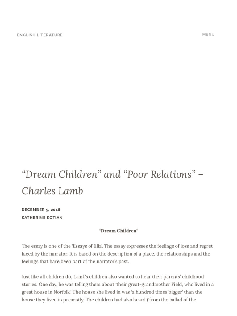 “Dream Children” and “Poor Relations” – Charles Lamb – English Literature | PDF | Essays | Jane ...