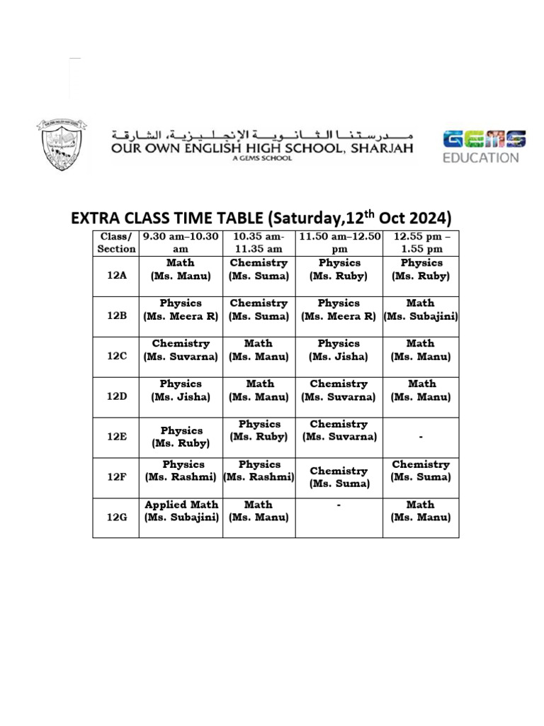 Extra Class Time Table GR 12 (12th October, Saturday) | PDF