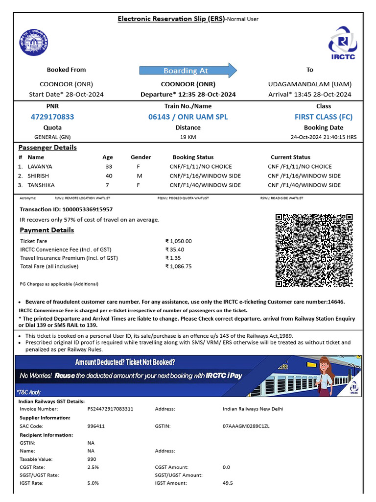 Onr Uam SPL First Class (FC) : Electronic Reserva On Slip (ERS) | PDF ...