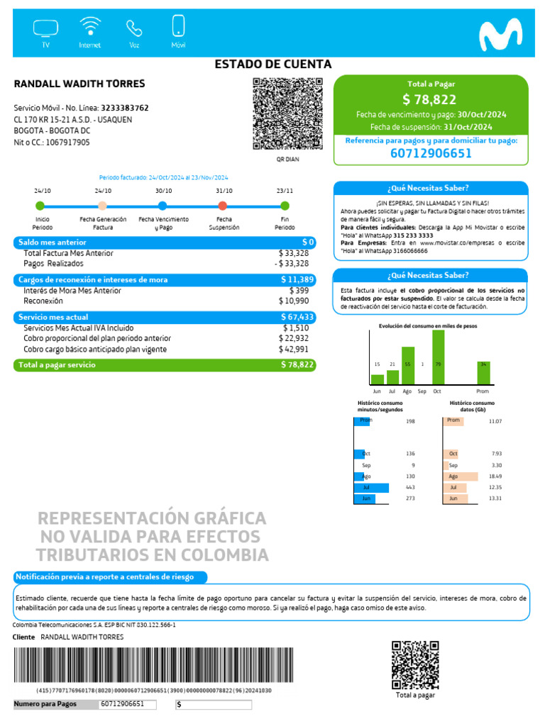 Factura Digital Movistar: Total a Pagar $78,822 | PDF | Factura | Bogotá