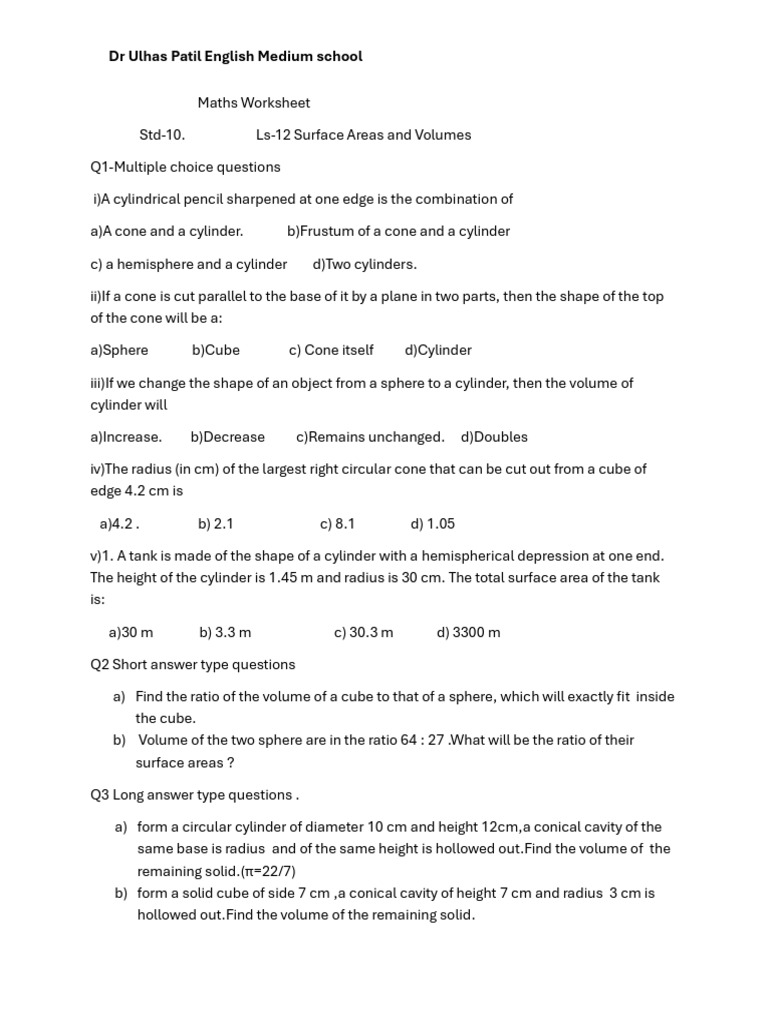 Std10 worksheet Ls-12 | PDF | Sphere | Euclidean Geometry