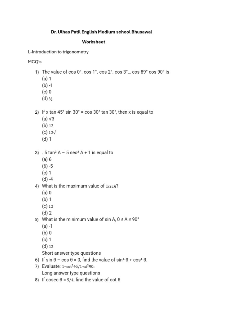 Trigonometry Worksheet MCQs & Problems | PDF