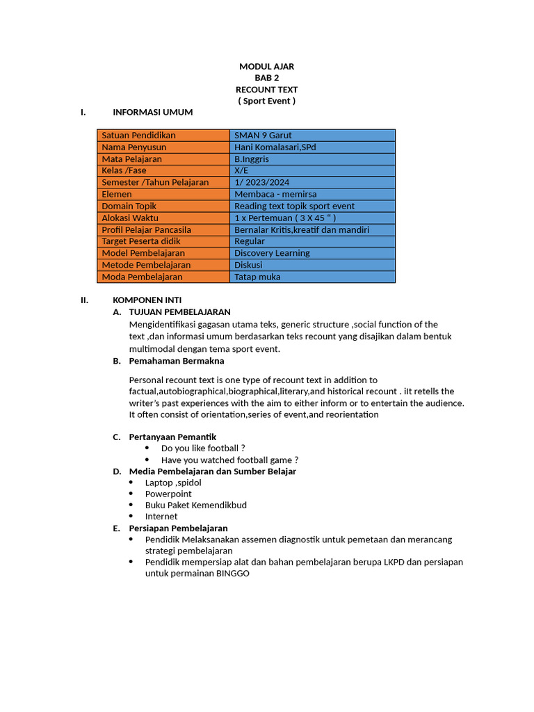 Recount Text: Sport Event Lesson Plan | PDF | Gaming | Entertainment