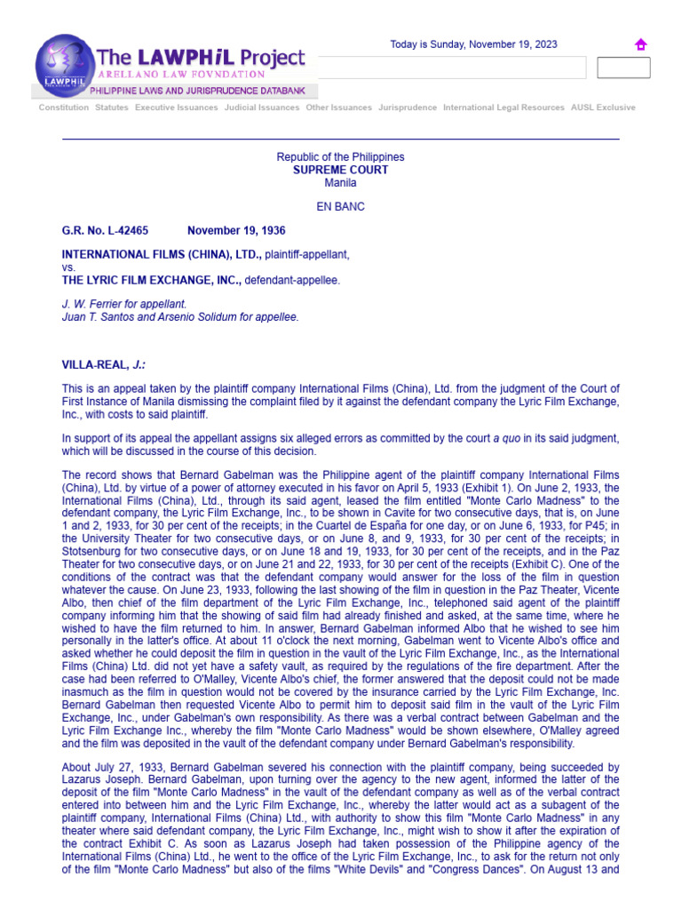 G.R. No. L-42465 Intl Films V Lyric Film | PDF | Pleading | Supreme ...
