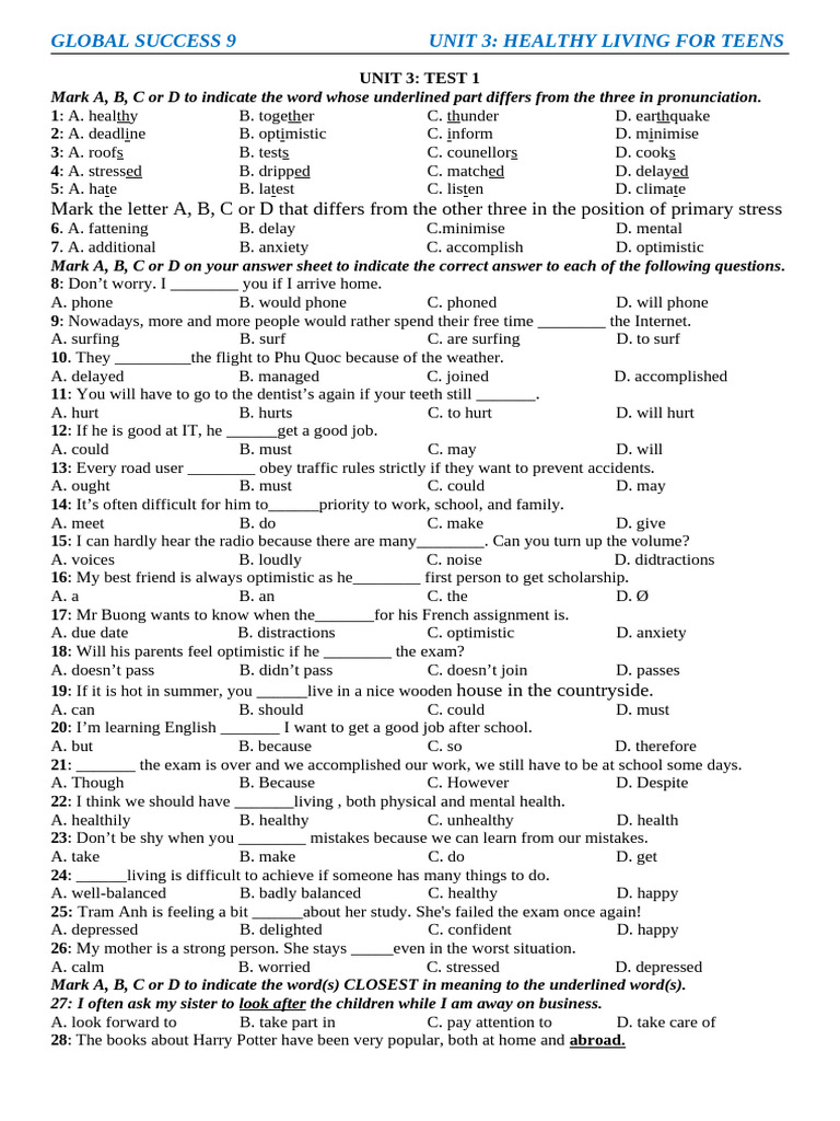 UNIT 3 (PRACTICE TEST) | PDF | Adolescence