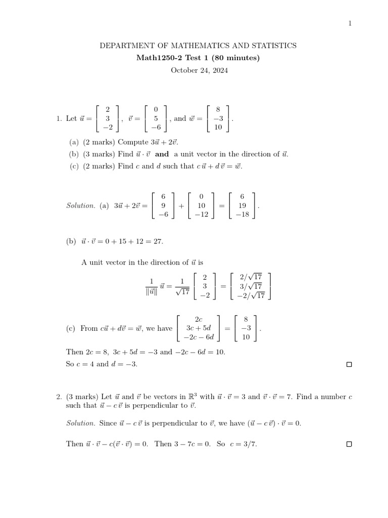 Math1250-2Test1Sol | PDF | Linear Algebra | Matrix Theory