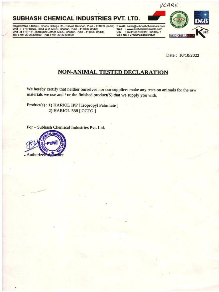 Non Animal Tested Declaration | PDF