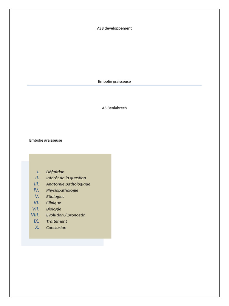Embolie graisseuse : enjeux et pronostic | PDF | Spécialités médicales ...