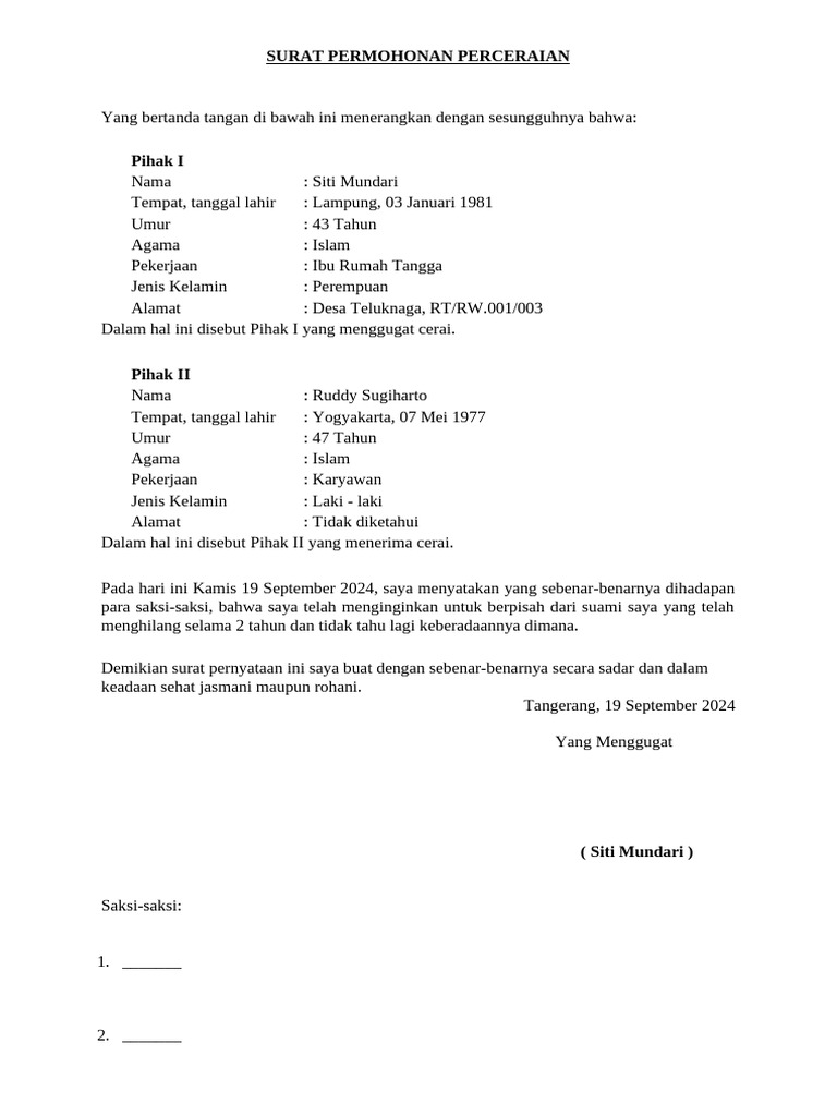 Surat Permohonan Perceraian | PDF