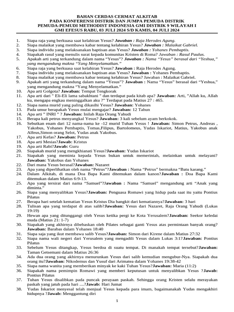 Bahan Cerdas Cermat Alkitab JPD 2024.. | PDF