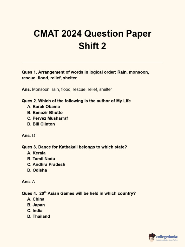CMAT 2024 Shift 2 Question Paper | PDF | Entrepreneurship | Startup Company