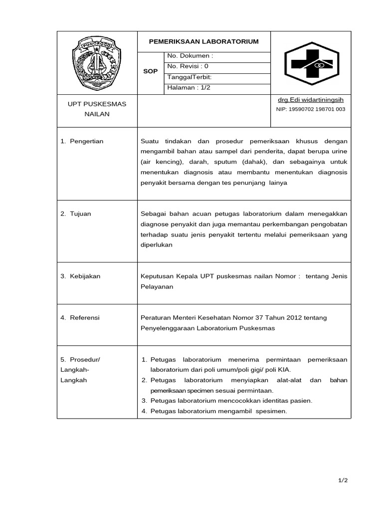 SOP Pemeriksaan Laboratorium | PDF