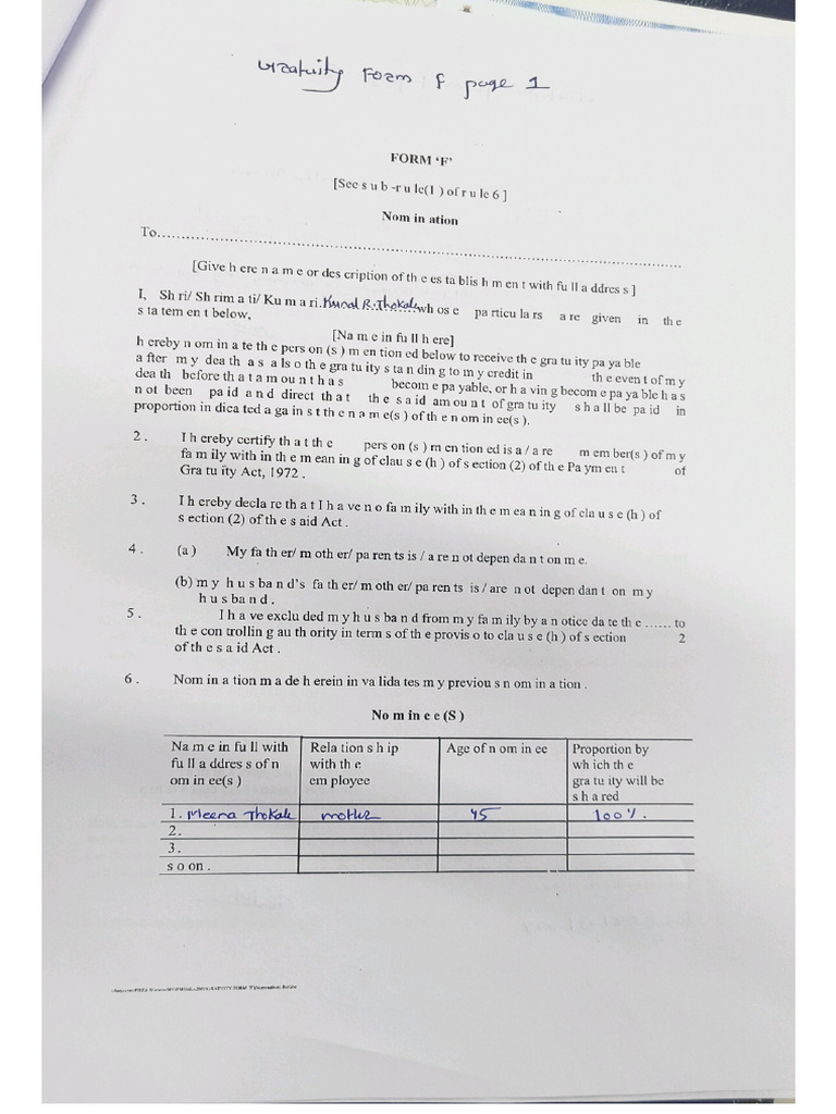 Gratuity Form F Page 1 | PDF