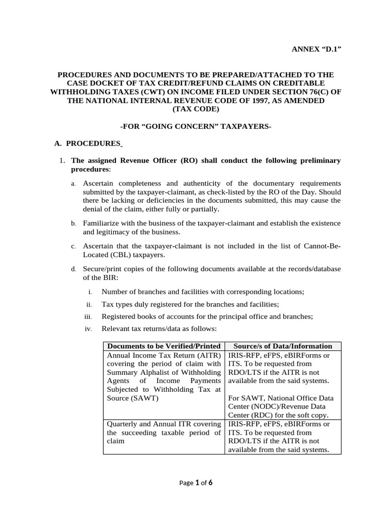 RMO 25 Annex D.1 - Procedures - Going Concern | PDF | Tax Refund | Taxes