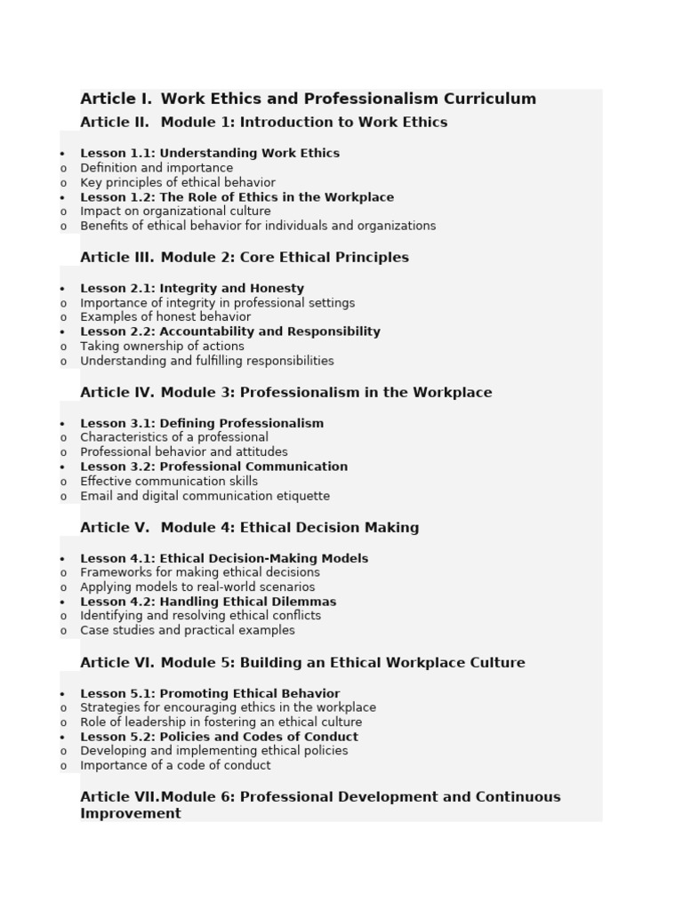Work Ethics and Professionalism Curriculum | PDF | Integrity ...