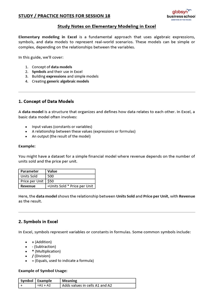 Elementary Modeling of Excel 1 | PDF | Formula | Variable (Mathematics)
