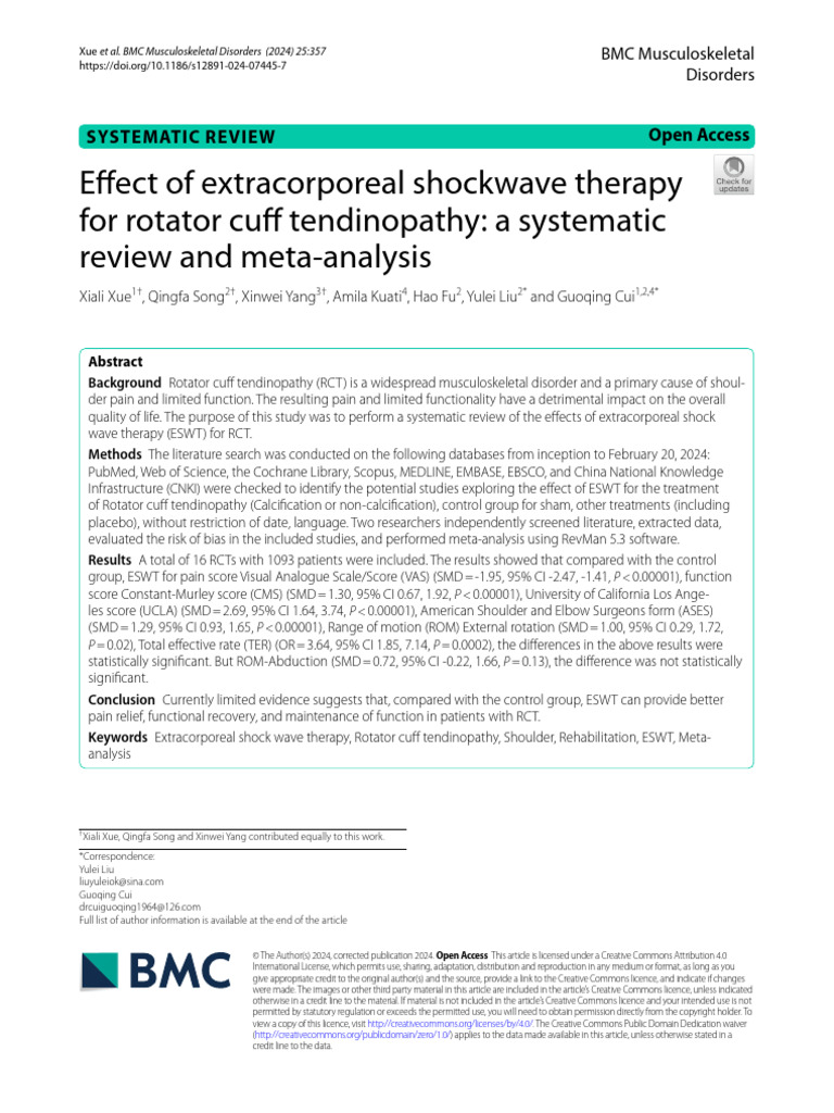 Effect of extracorporeal shockwave therapy for rotator cuff tendinopathy- a systematic review ...