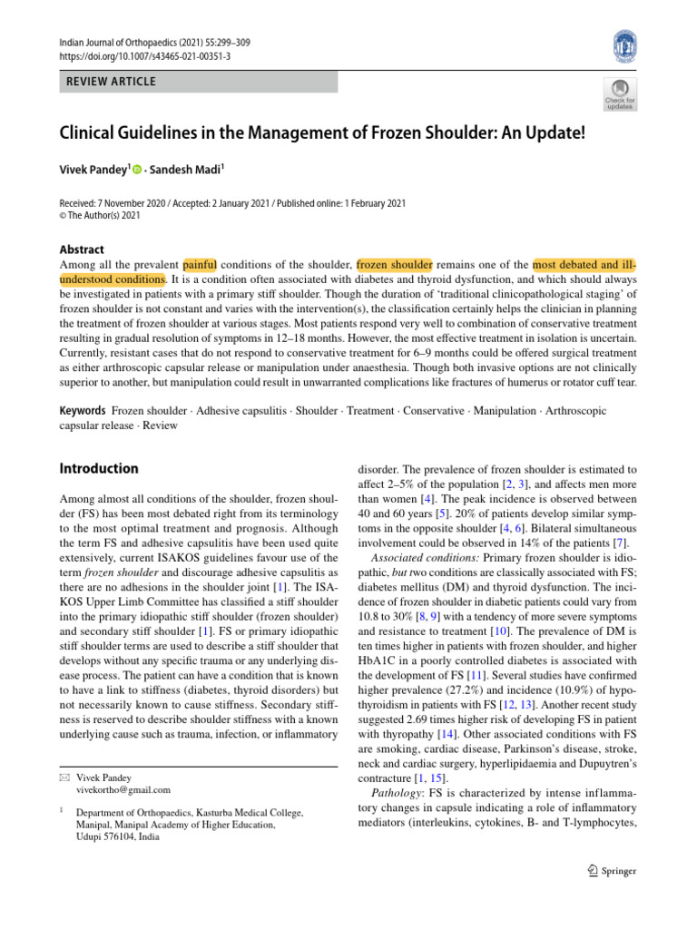 Clinical Guidelines in The Management of Frozen Shoulder - An Update ...