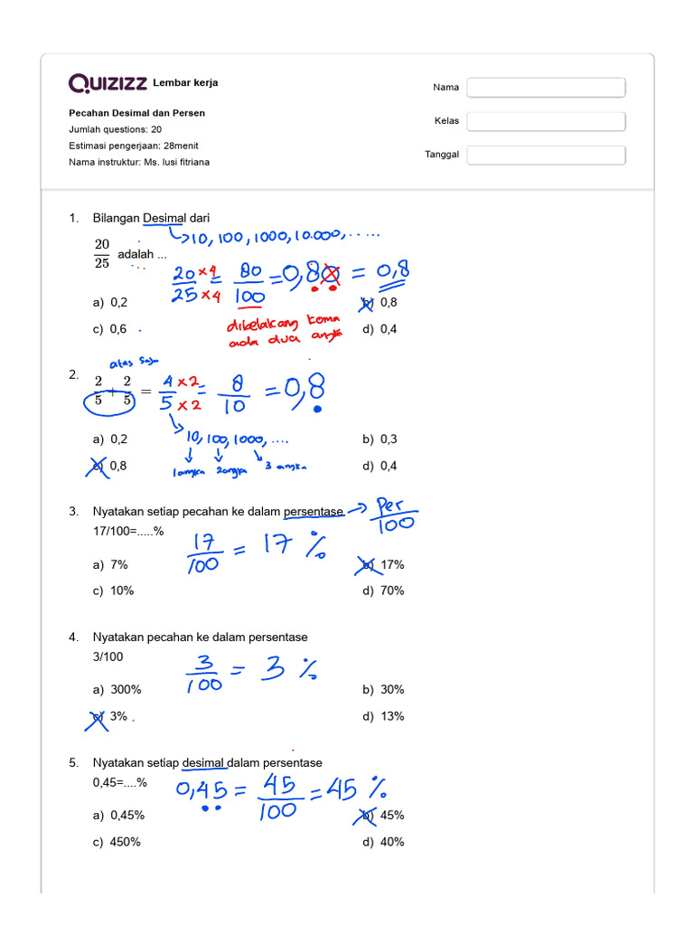Latihan Pecahan Desimal dan Persen | PDF