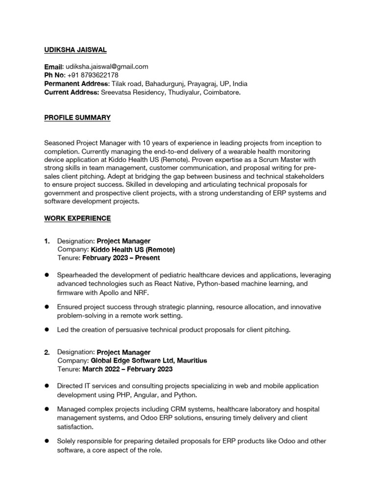 UDIKSHA - JAISWAL - PM & Proposal Writer Resume. | PDF | Enterprise ...