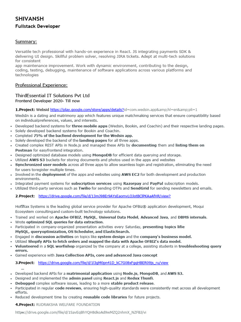 Shivansh - Nema - Fullstack Developer | PDF | Databases | Mobile App