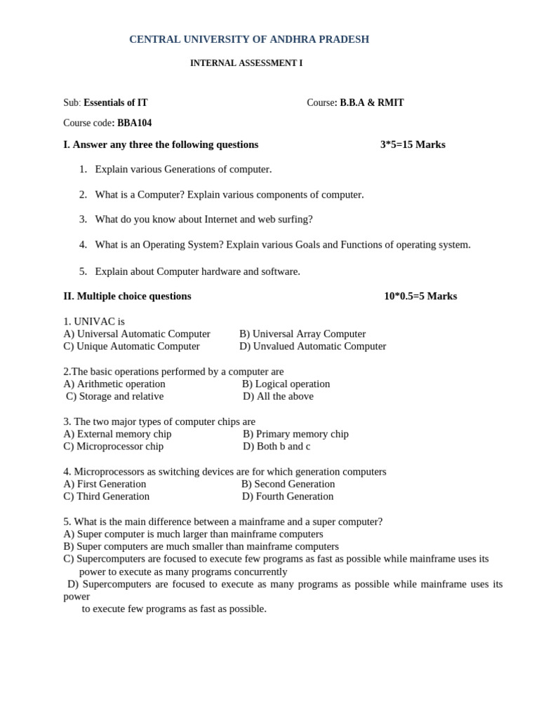 ESSENTIALS OF IT PAPER | PDF | Computer Data Storage | Central Processing Unit
